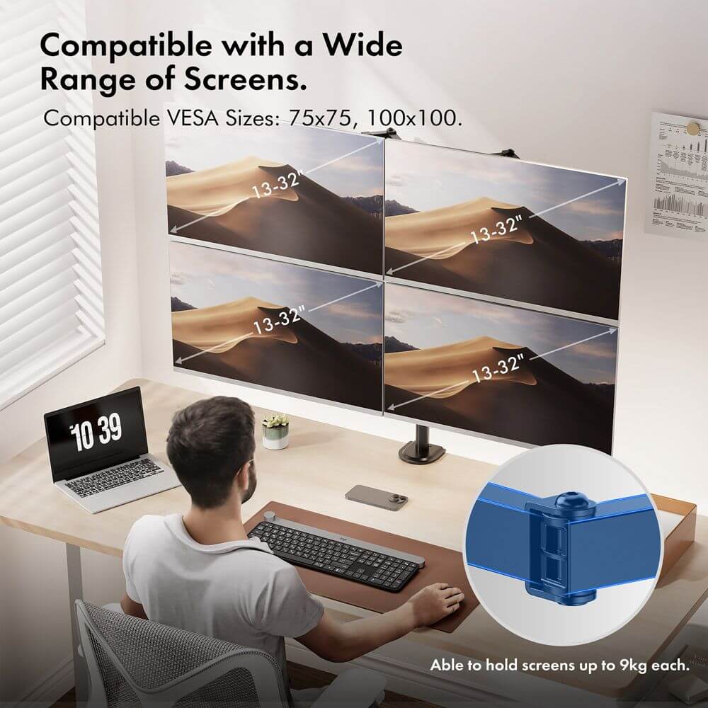 Quad Widescreen Computer Monitors – Clamp Stand – Specola